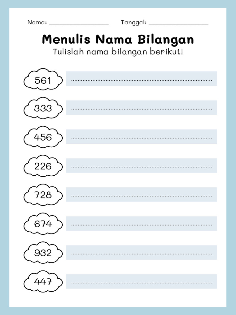 Lembar Kerja Menulis Nama Bilangan Ratusan Biru Putih | PDF