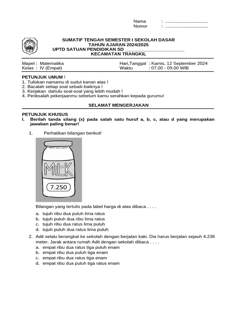 Soal STS-1 MTK Kelas Iv 2024-2025 | PDF