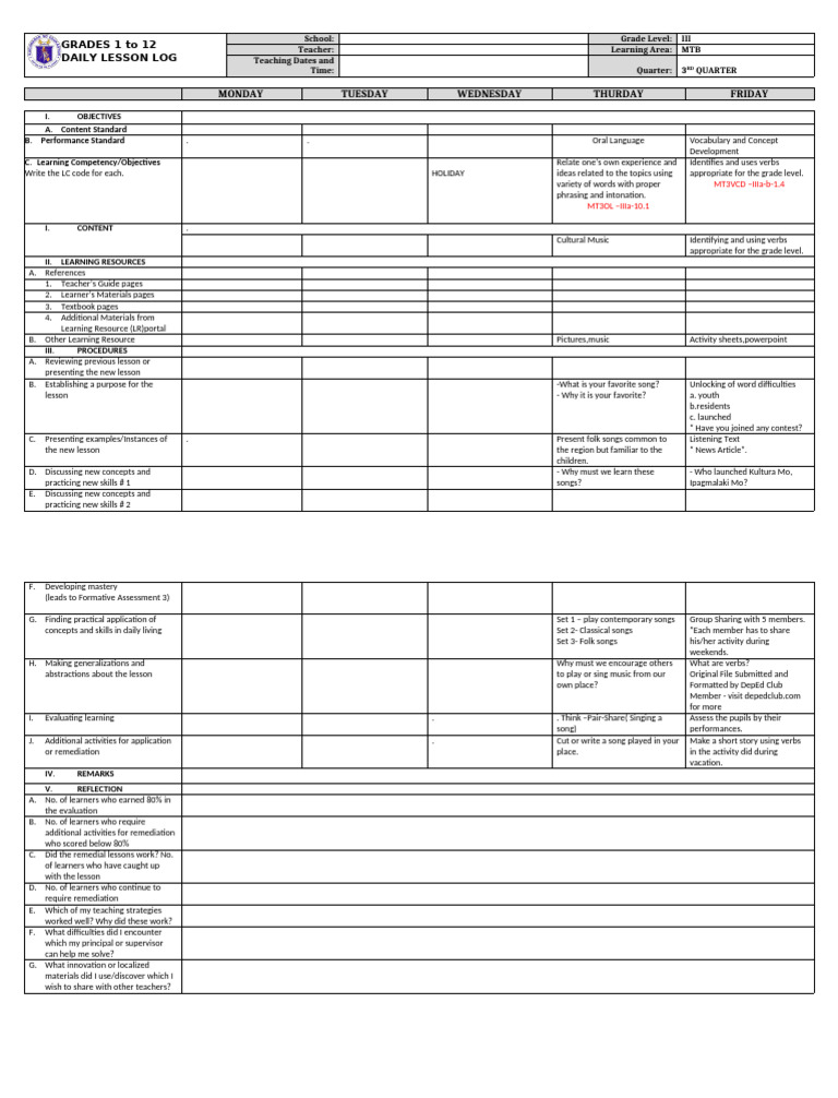 DLL_MTB 3_Q3_W1 | PDF | Learning | Teachers