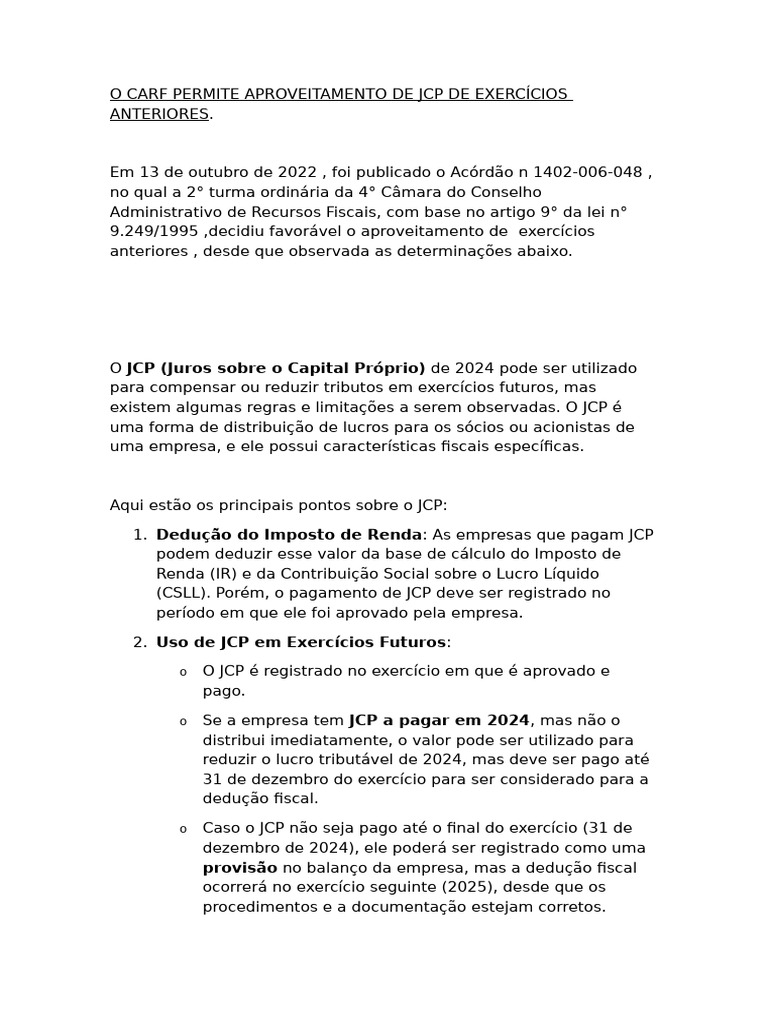 CARF: Aproveitamento de JCP Anterior | PDF