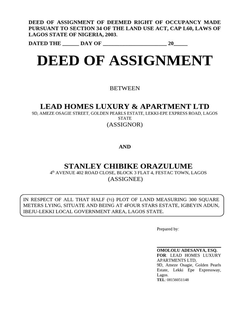 DOA - STANLEY CHIBIKE ORAZULUME (4 STARS) | PDF | Assignment (Law) | Property Law