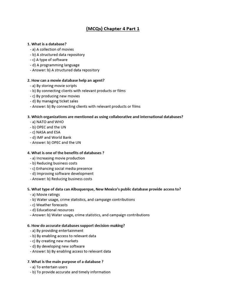 Chapter 4 Part 1 MCQ | PDF | Databases | Relational Database
