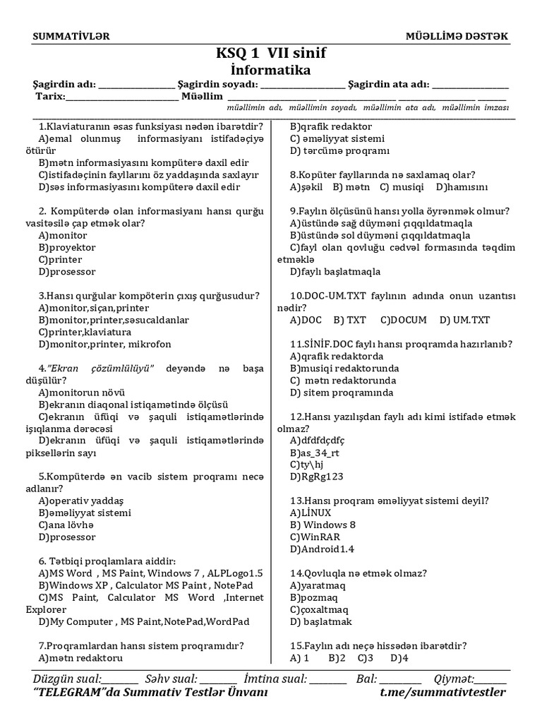 İnformatika - KSQ 1 7 Sinif | PDF