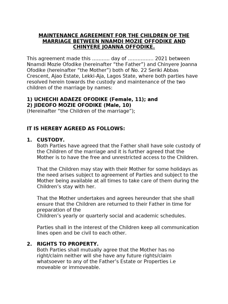 Maintenance Agreement For The Children of The Divorce | PDF | Marriage ...