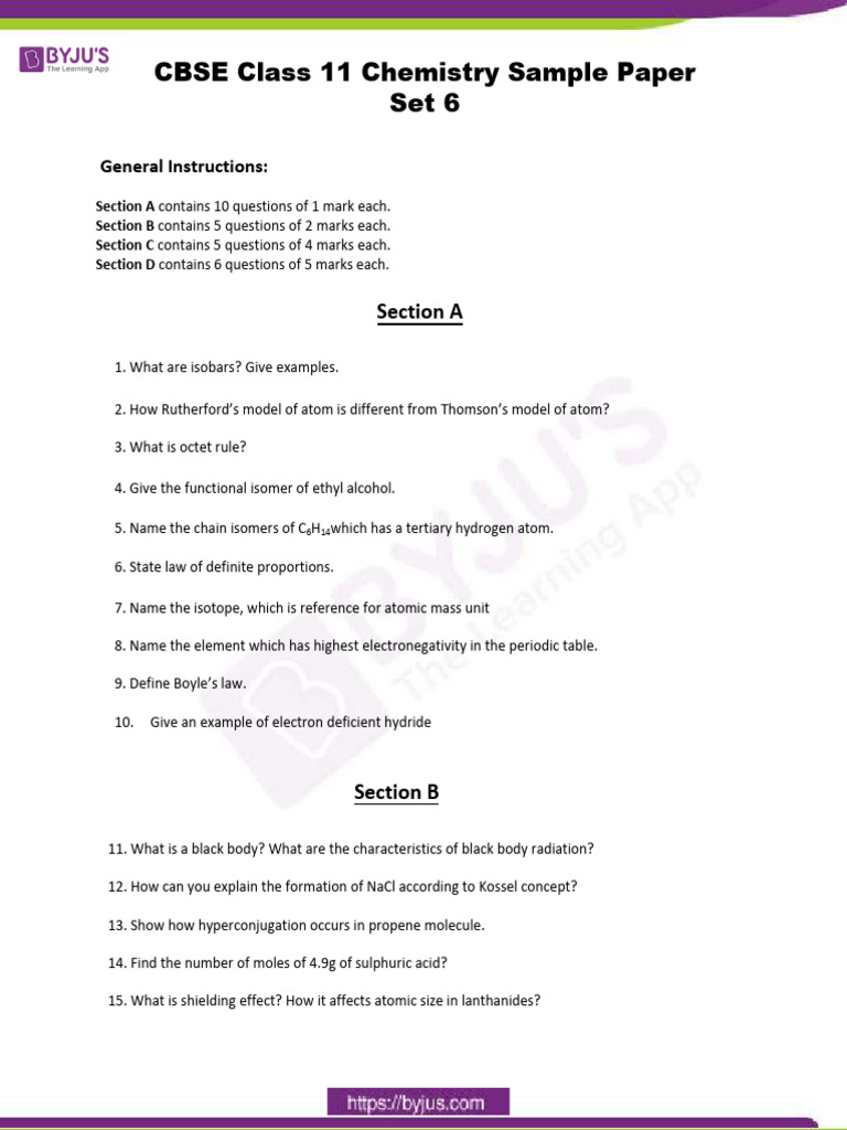 CBSE Class 11 Chemistry Sample Paper Set 6 | PDF | Chemical Compounds ...