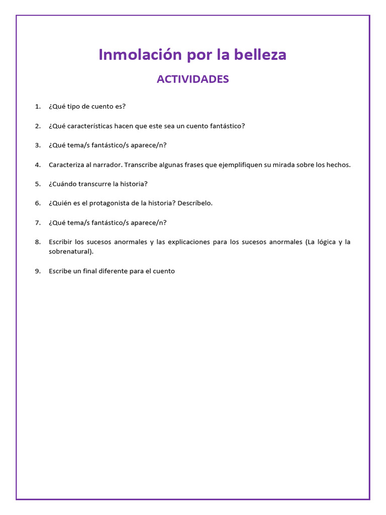 Inmolación Por La Bellleza ACTIVIDADES | PDF