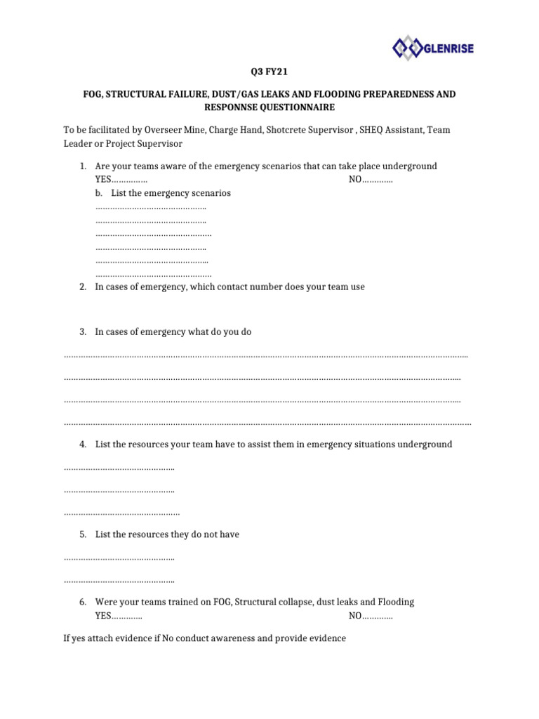 Emergency Preparedness Questionnaire | PDF