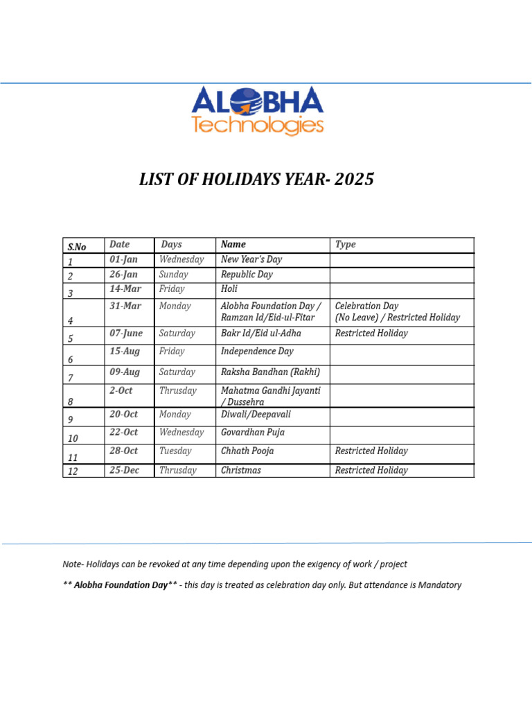 _LIST OF HOLIDAYS YEAR 2025.docx (2) (1) | PDF