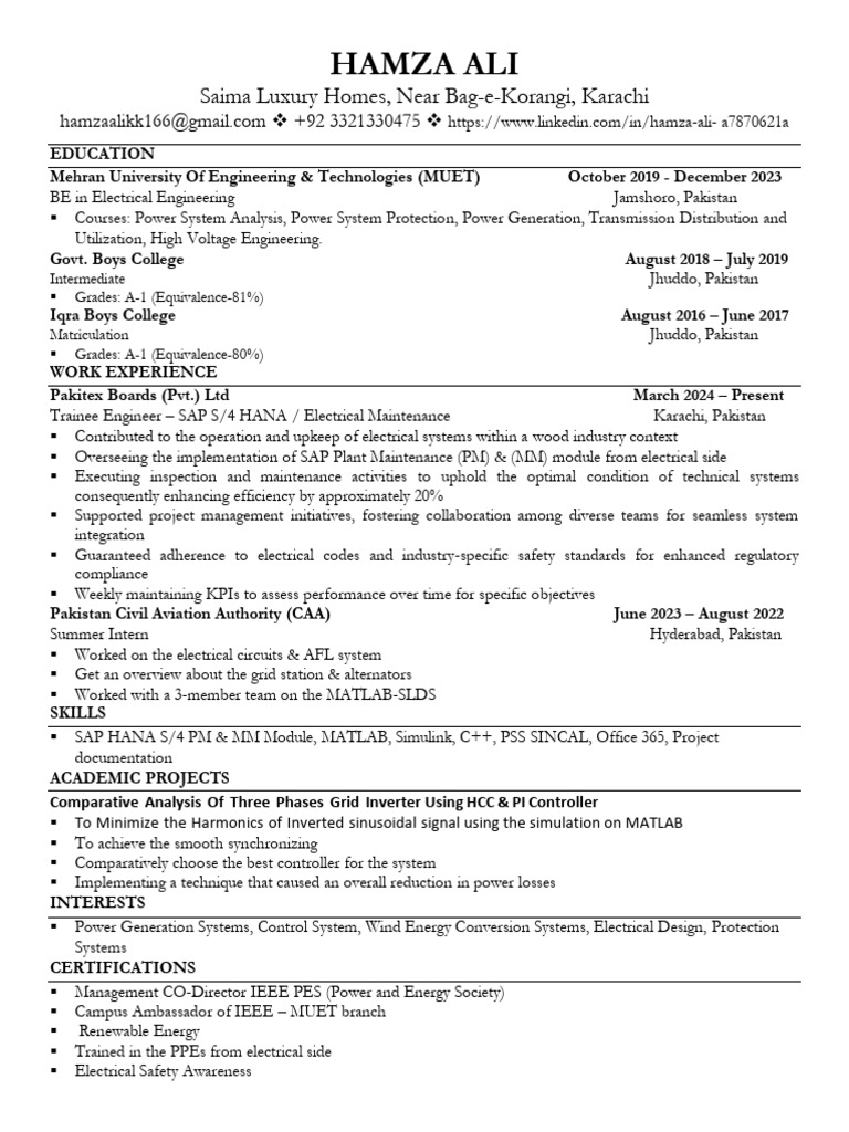 Hamza Ali Resume. | PDF | Electrical Grid | Power Inverter