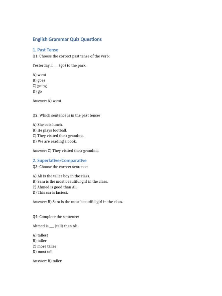English Grammar Quiz Questions Guide | PDF