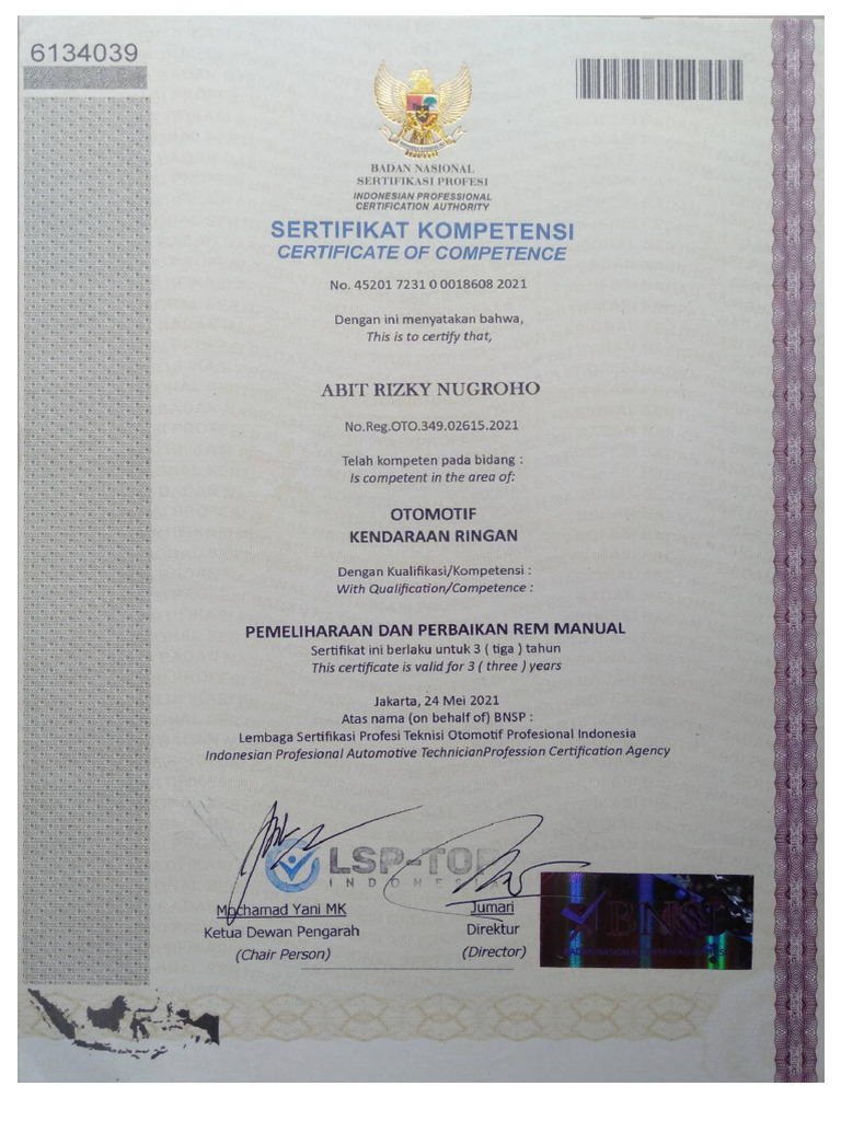 SERTIFIKAT BNSP | PDF