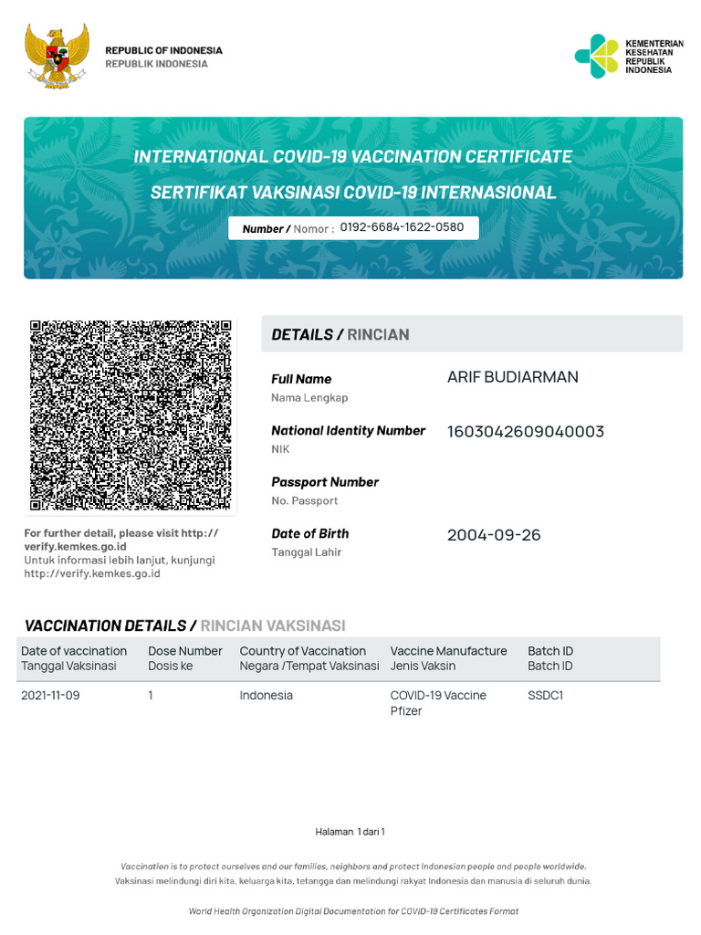 Sertifikat Vaksin Who Arif 567 | PDF