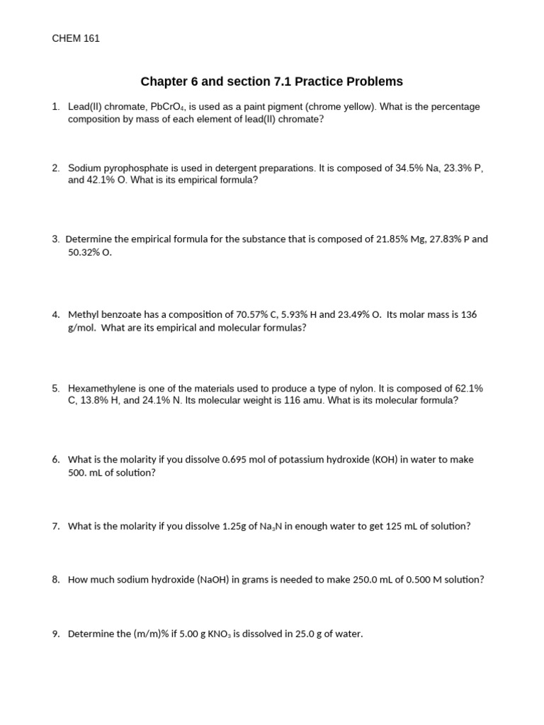 Practice Problems for CHEM 161 | PDF | Sodium | Materials