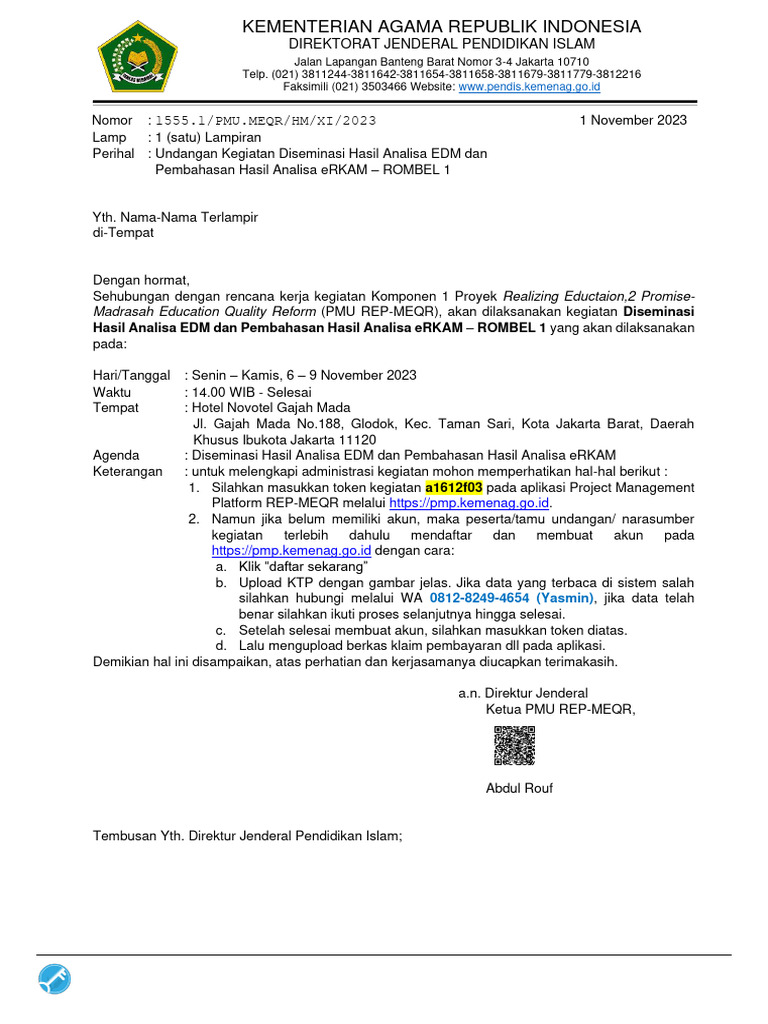 Undangan Diseminasi Rombel 1 Tgl. 6-9 Nov 23 - TTE | PDF
