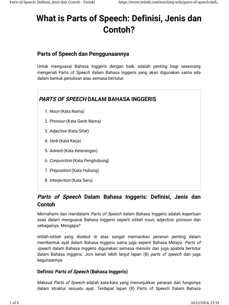 Parts of Speech - Definisi, Jenis Dan Contoh - Twinkl | PDF