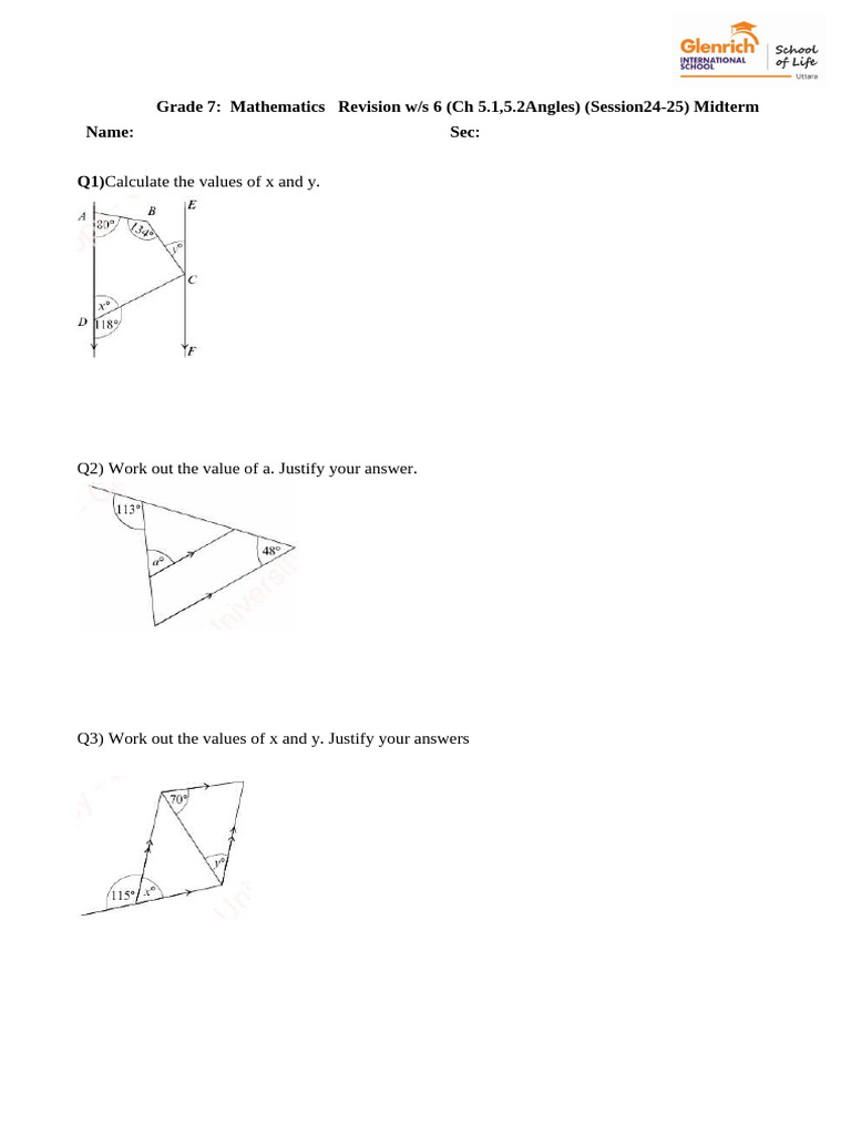 Gr 7 Revision Ws 6 on Angles 5.2,5.2 Session 24-25 | PDF