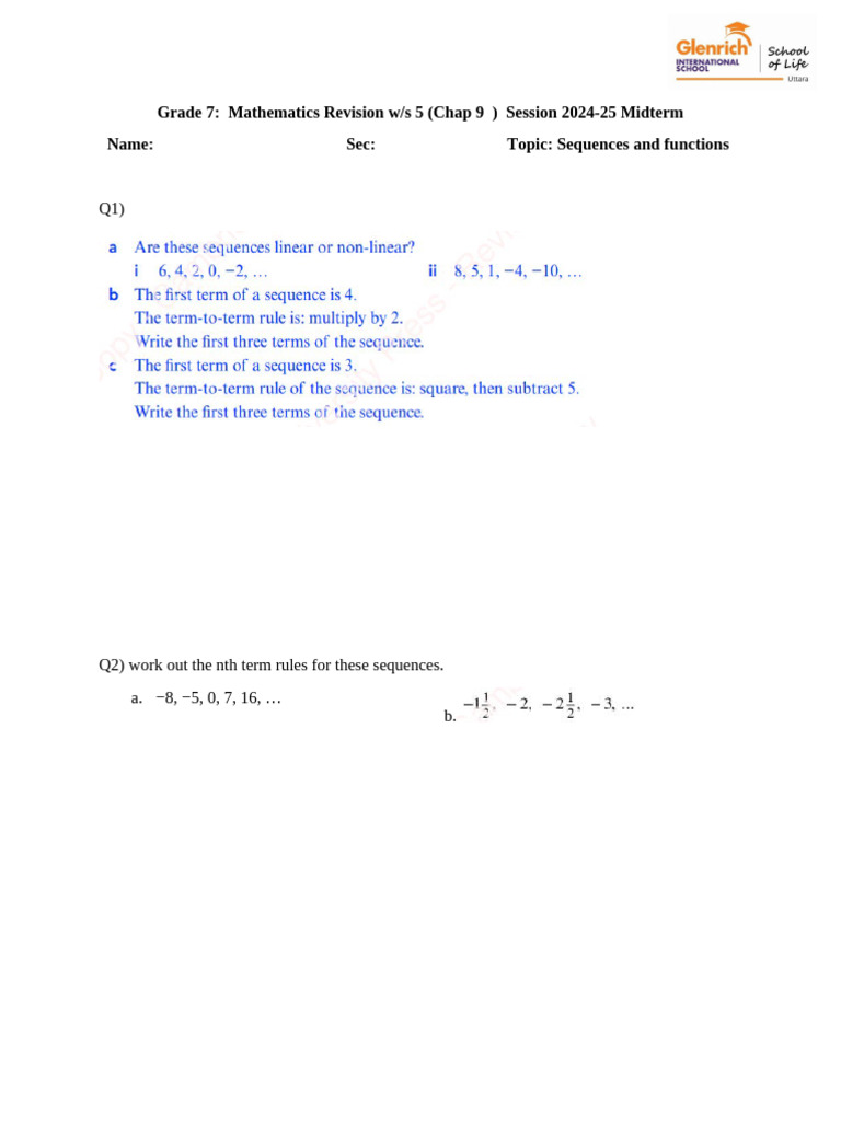 Grade 7 Math: Sequences & Functions | PDF