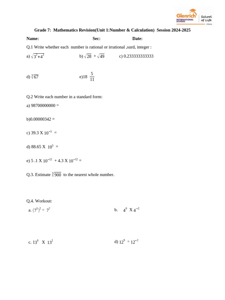 Grade 7 Revision CHP 1ws 1, 2024-25 | PDF