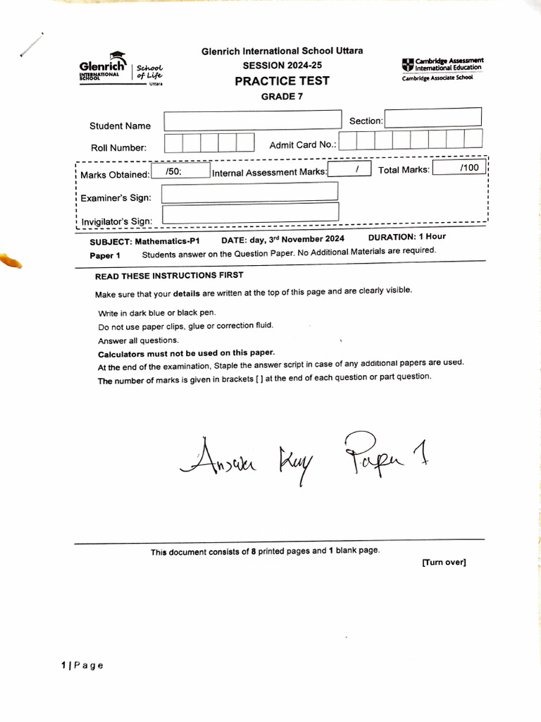 Practice Test Paper Answer Key | PDF