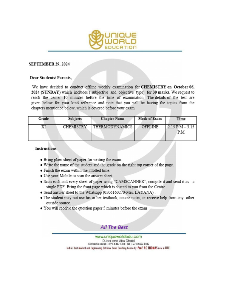 Chemistry Weekly Exam Notification Grade 11 Mussafa | PDF
