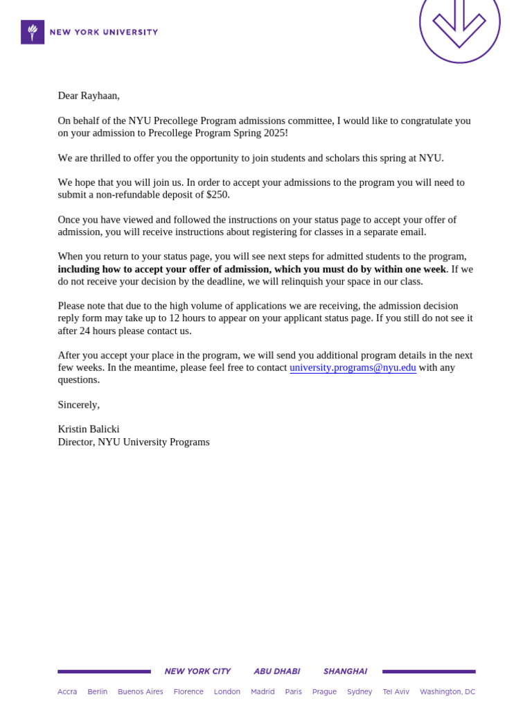 NYU Pre-College Acceptance Letter | PDF