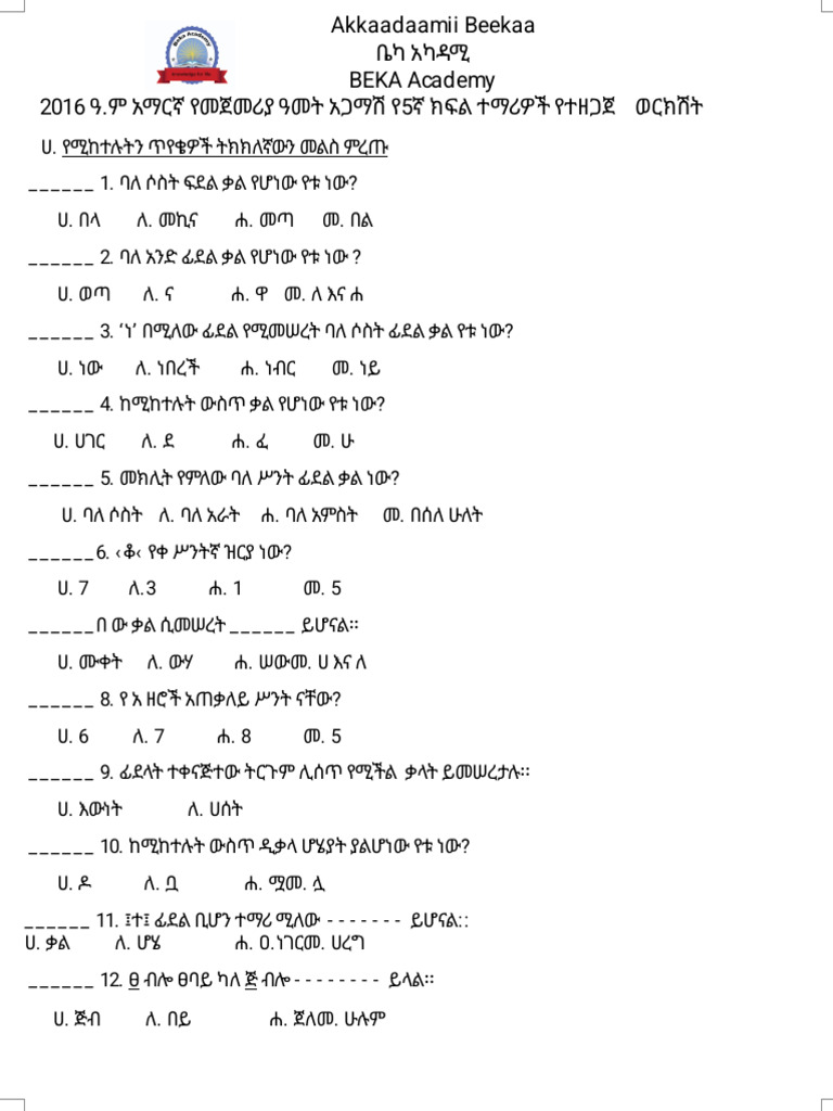 1st Worksheet Gr5 Amharic Class | PDF