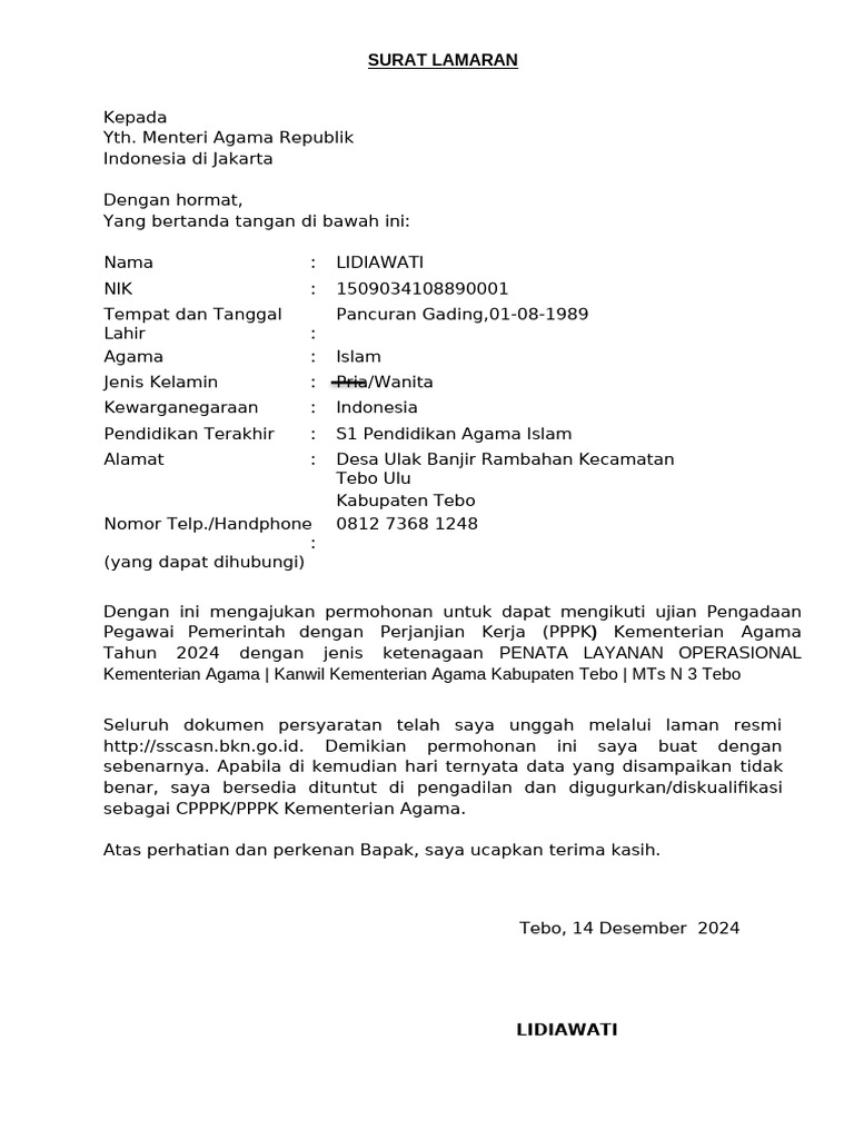 Surat Lamaran dan Pernyataan PPPK 2024 | PDF