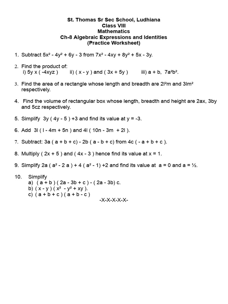 Class 8 Algebra Practice Sheet | PDF