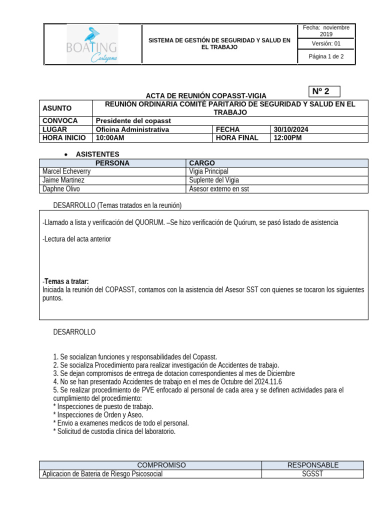 Acta Reunión COPASST Octubre 2024 | PDF