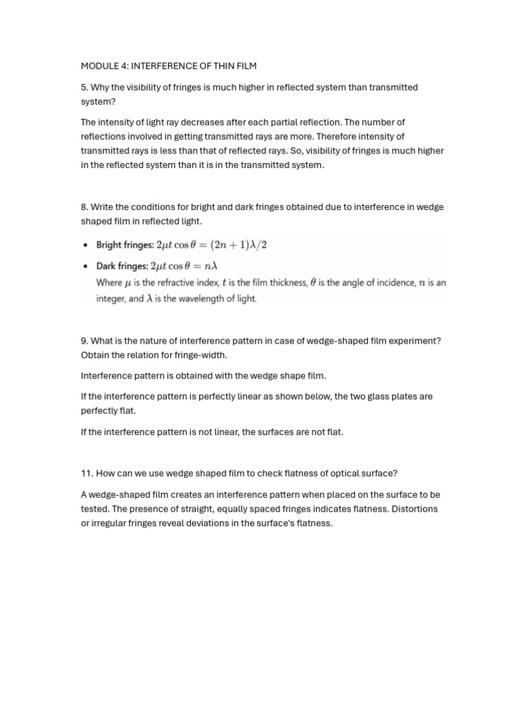 Interference of thin film 3mark ques (1) | PDF