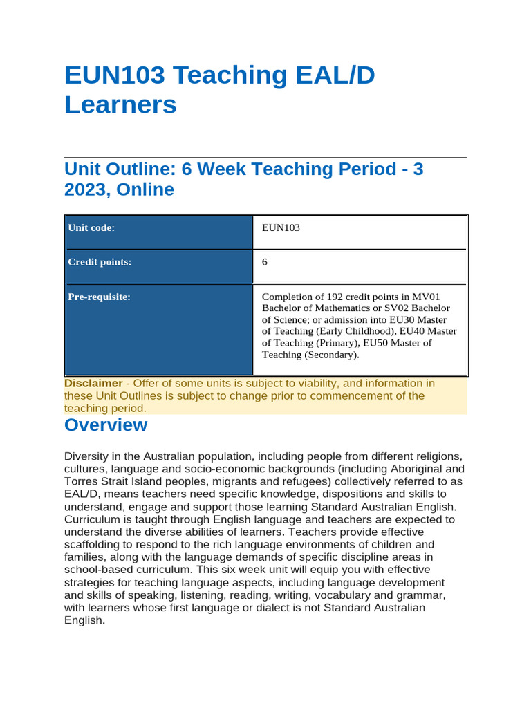 EUN103 Teaching EAL:D Learners | PDF | English As A Second Or Foreign ...