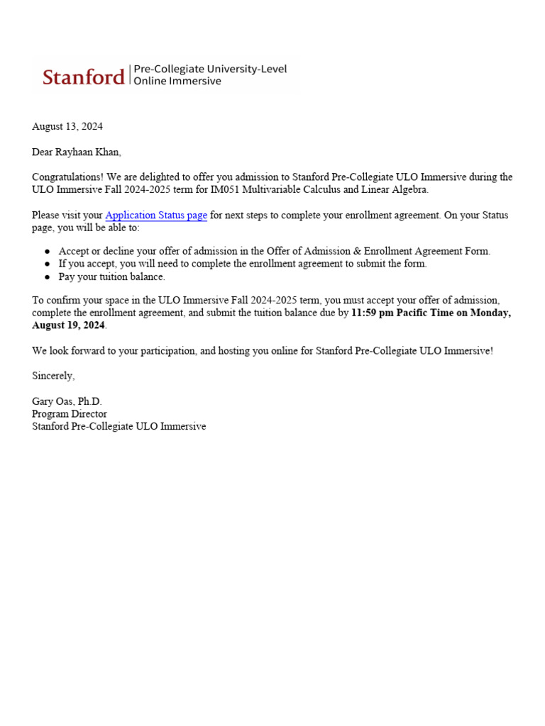 Stanford Pre-College Acceptance | PDF