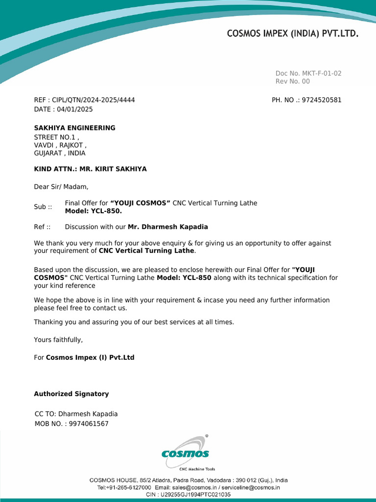 Sakhiya Engineering Ycl-850 Fo | PDF | Numerical Control