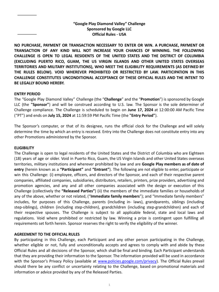 Google Play Diamond Challenge Official Rules | PDF | Private Law | Justice