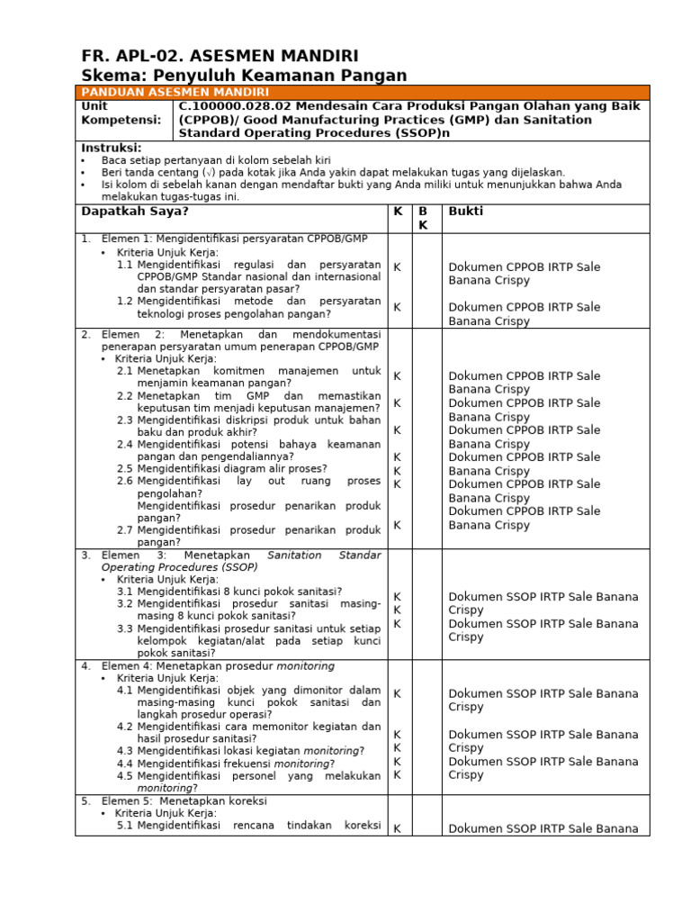 Form 6. Asesmen Mandiri Penyuluh Keamanan Pangan | PDF