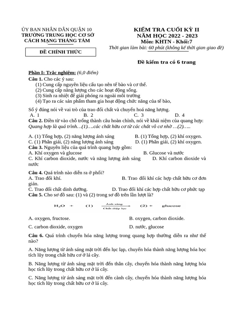 22-23. KHTN 7 - Ckii - Thcs CMTT - TPHCM - Doc - Urchitect Workshop | PDF
