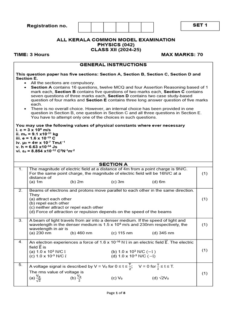 Physics -SET 1 | PDF | Photoelectric Effect | Electron