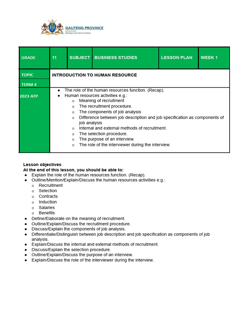 TERM 4 BUSINESS STUDIES GRADE 11 LESSON PLANS WEEK 1 - 2 (1) | PDF ...