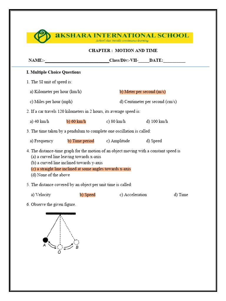 GRADE 7 WORKSHEET-MOTION AND TIME | PDF | Speed | Pendulum