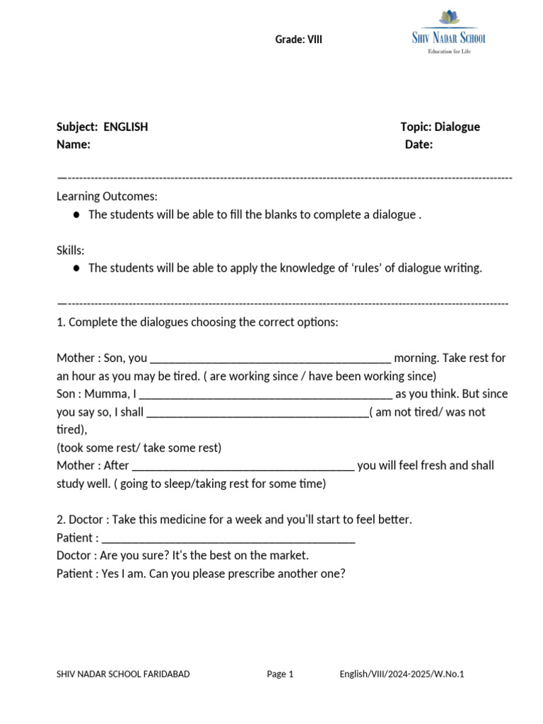 Dialogue Writing Worksheet Grade 8 | PDF