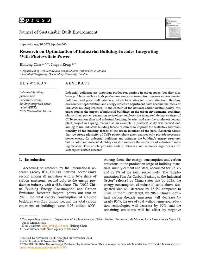 Research On Optimization of Industrial Building Facades Integrating With Photovoltaic Power ...