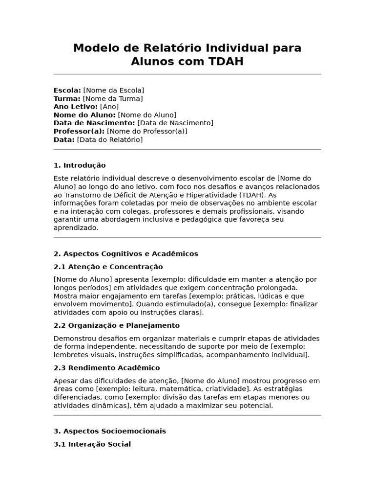 Modelo de Relatório Individual para Alunos Com TDAH | PDF | Transtorno ...
