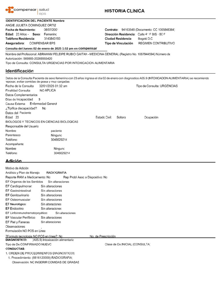 Historia Clinica compensar eps Angie Julieta Dominguez Ortiz | PDF