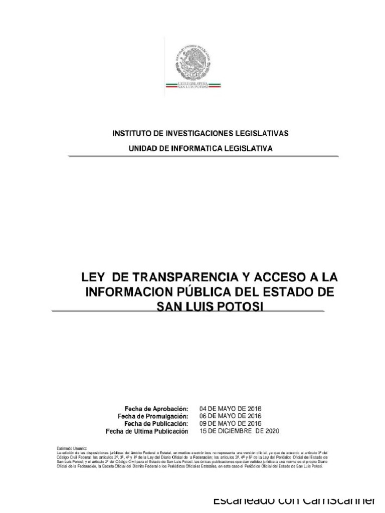 Ley de Transparencia y Acceso A La Informacion Publica 15 Dic 2020 ...