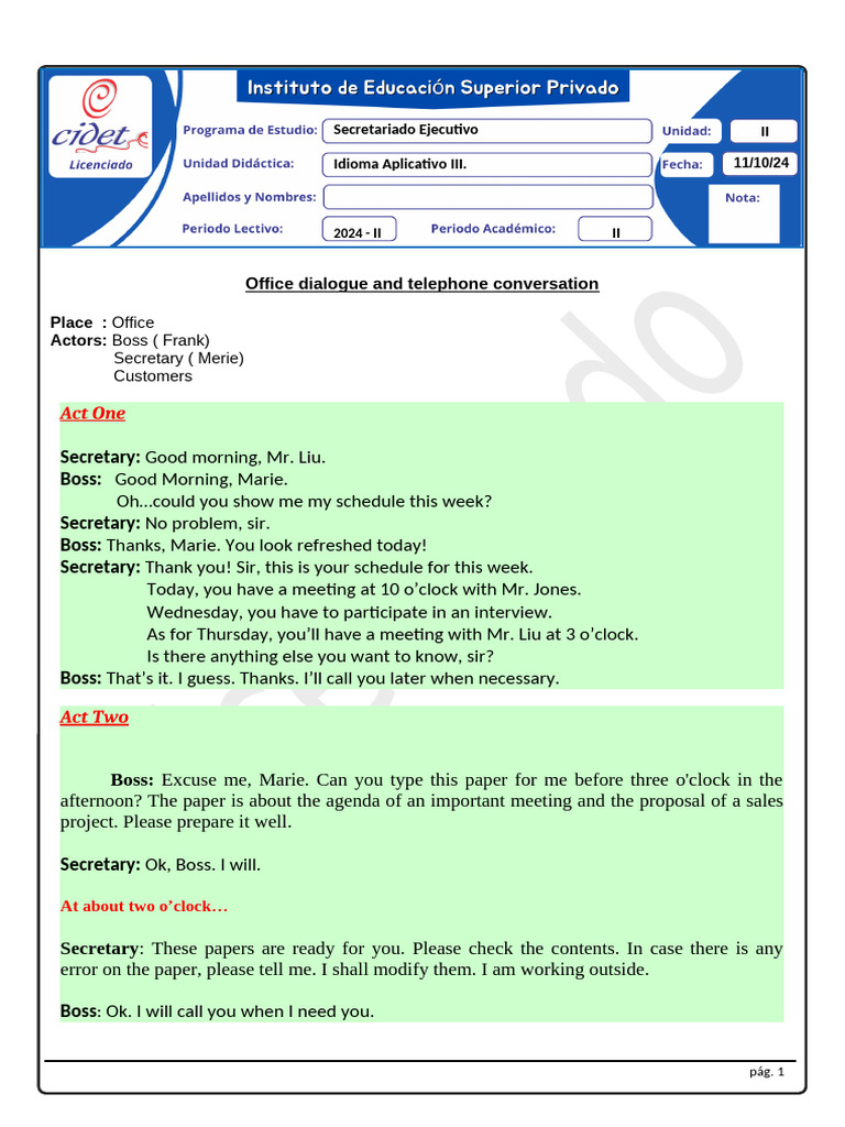 Office Dialogue: Boss and Secretary Interaction | PDF