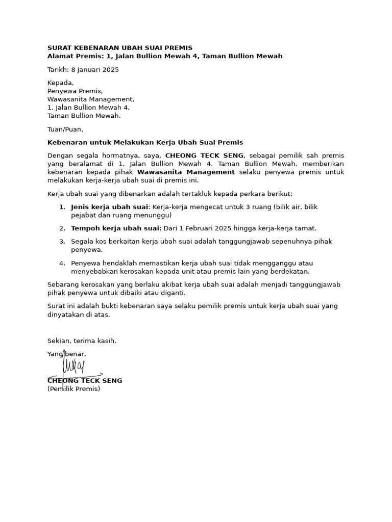 Surat Kebenaran Ubah Suai Premis | PDF