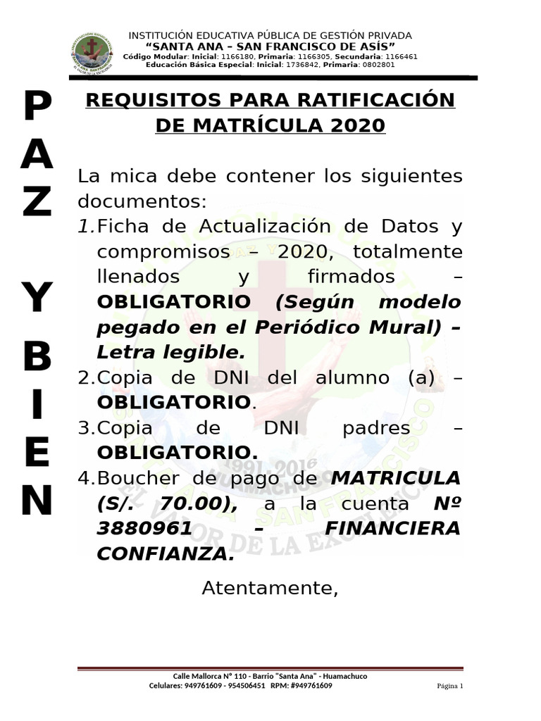 Requisitos de Matricula 2020 | PDF | Documento de identidad | Educación ...