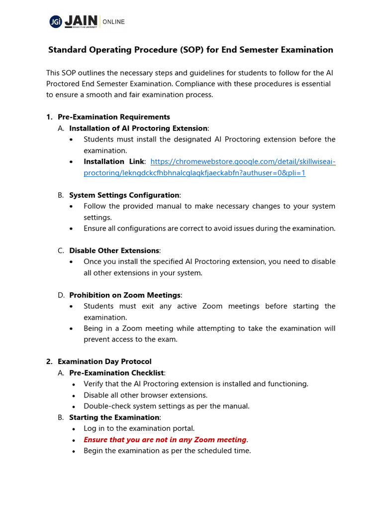 Standard Operating Procedure For AI Proctored Examination | PDF