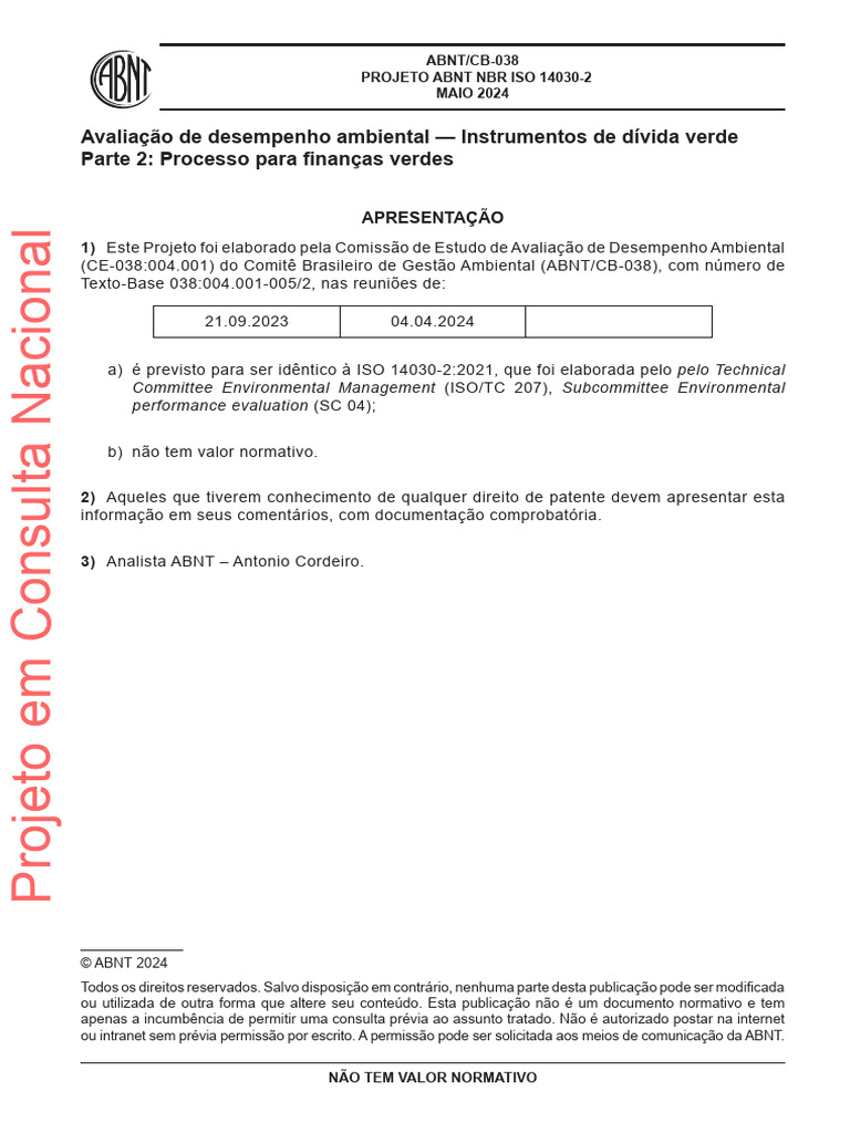 Projeto ABNT NBR ISO 14030-2 2024 | PDF | Ambiente natural | Informação