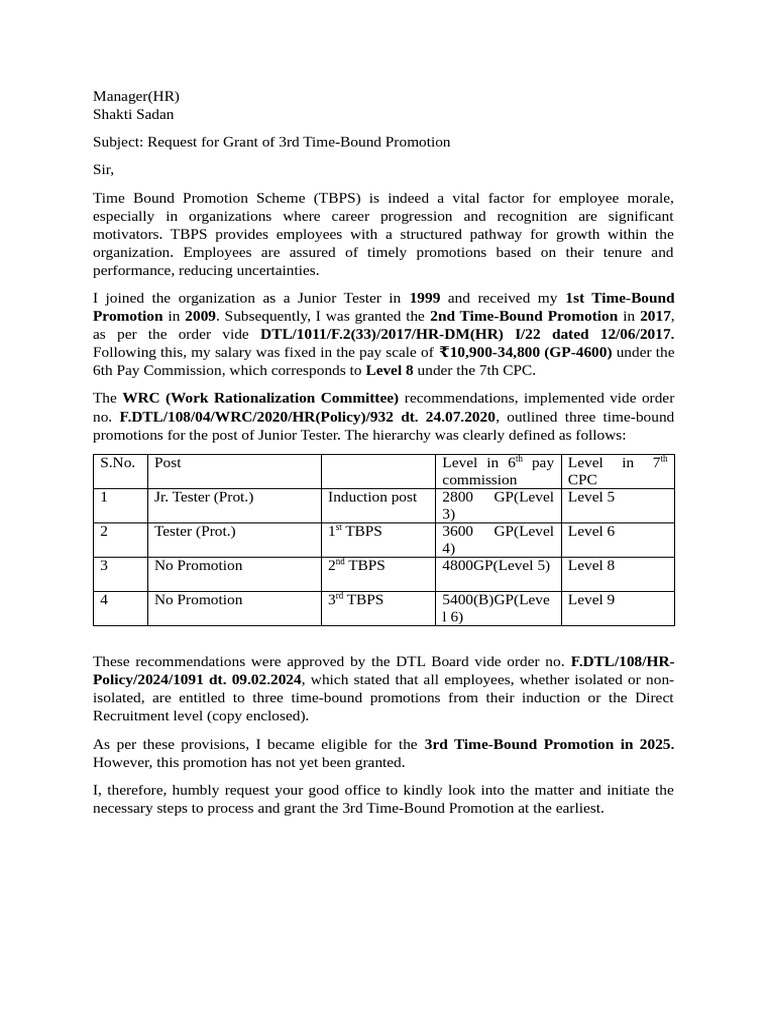 Request for 3rd Time-Bound Promotion | PDF